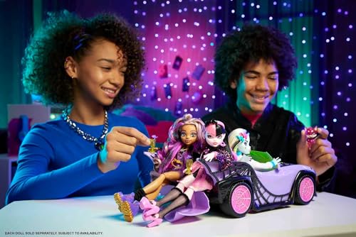 Monster High Toy Car, Ghoul Mobile with Pet & Cooler Accessories, Purple Doll-Sized Convertible with Spiderweb Details