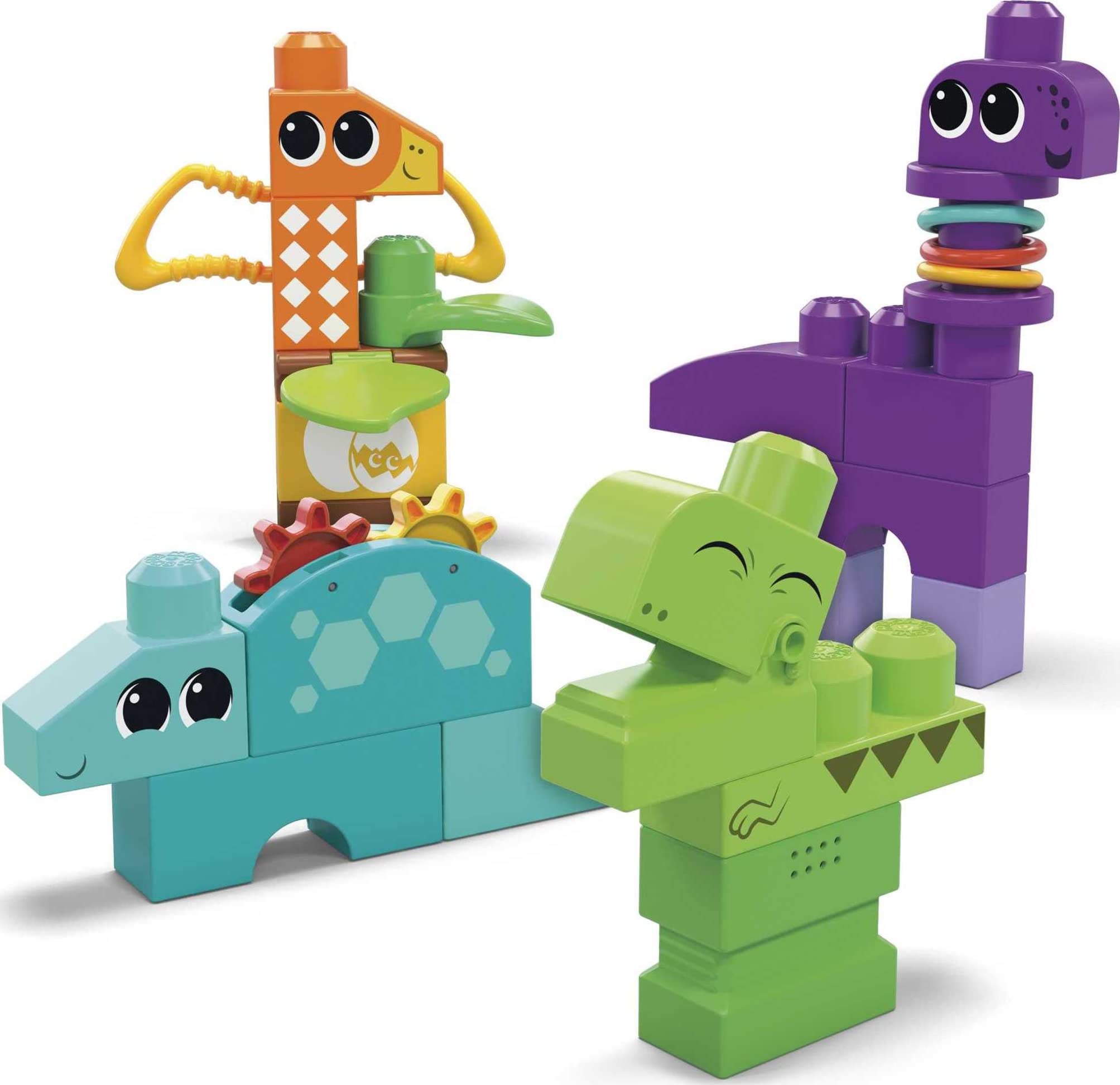 Mega BLOKS Fisher-Price Toddler Building Blocks Toy Set, Squeak ‘n Chomps Dinos with 24 Pieces, 4 Buildable Animals, Ages 1+ Years