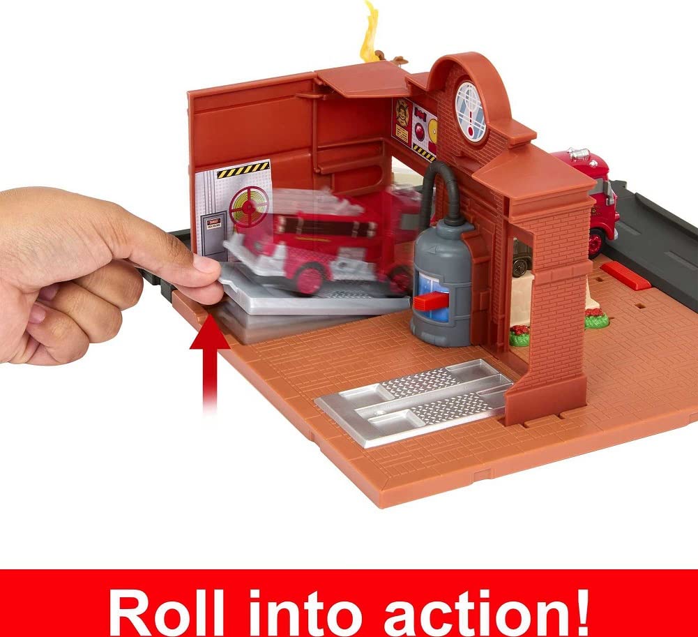 Mattel Disney and Pixar Cars On The Road Toys, Red’s Fire Station Playset with Die-cast Fire Truck & Kid-Activated Action