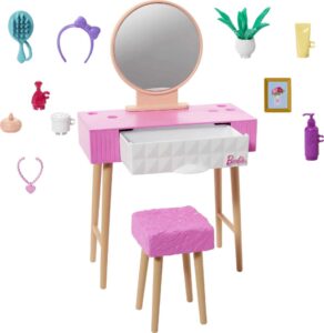 barbie furniture & accessories set, doll house décor, 10+ pieces for vanity including stand with mirror, stool, beauty products & more