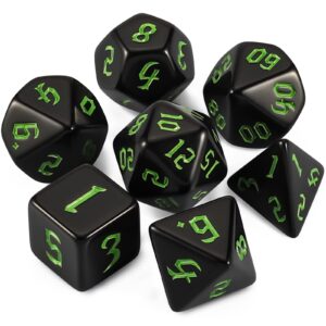 qmay dnd dice set -d&d polyhedral dice (7 pcs) for dungeons and dragons (pure black)