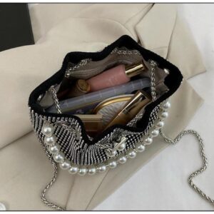 Mini Crossbody Shoulder Evening Bag Shinny Bling Clutch Purse Bucket Pearl Strap Handbag for Women (White)