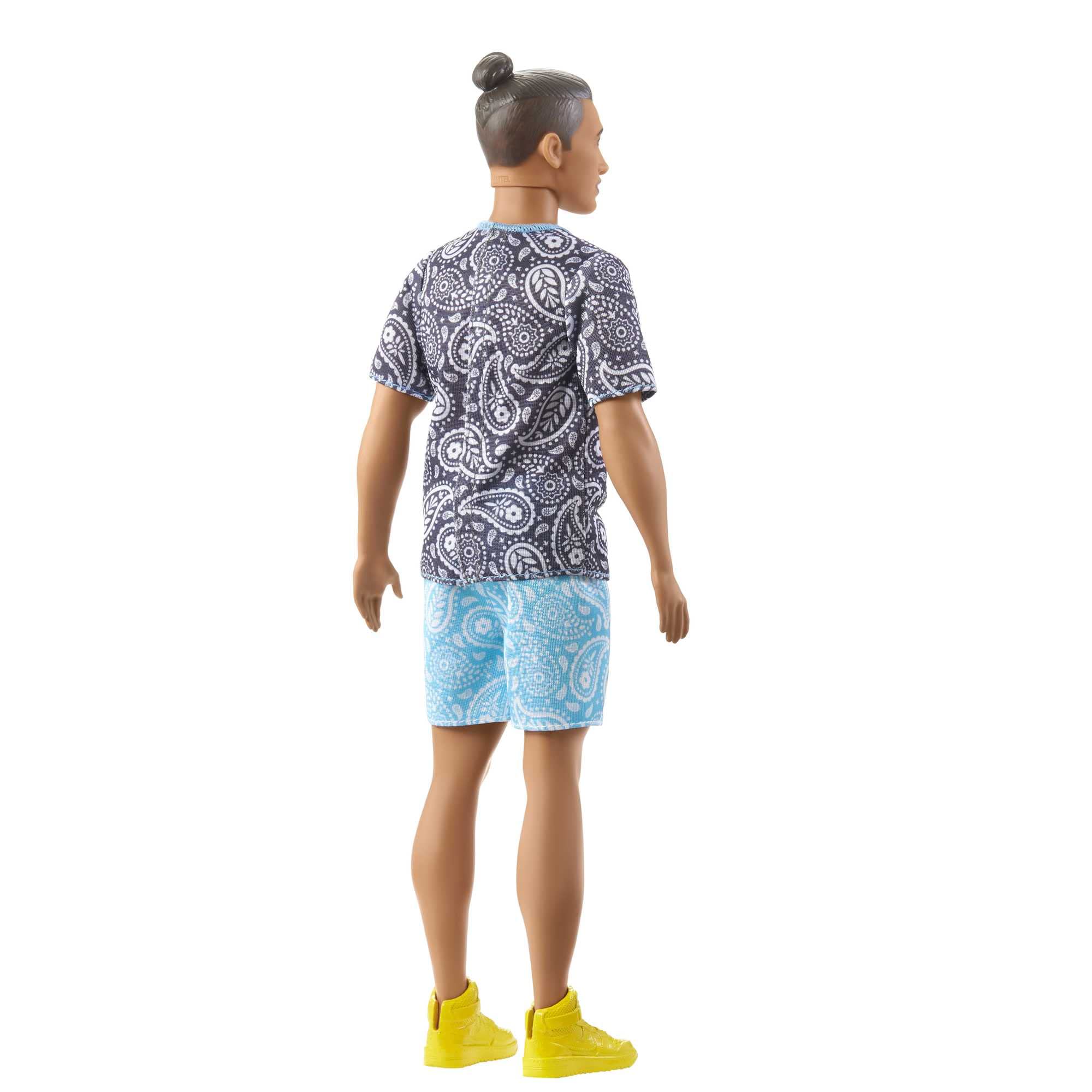 Barbie Fashionistas Ken Fashion Doll #204 with Brown Hair in Man Bun Wearing Paisley Tee & Shorts with Yellow Sneakers