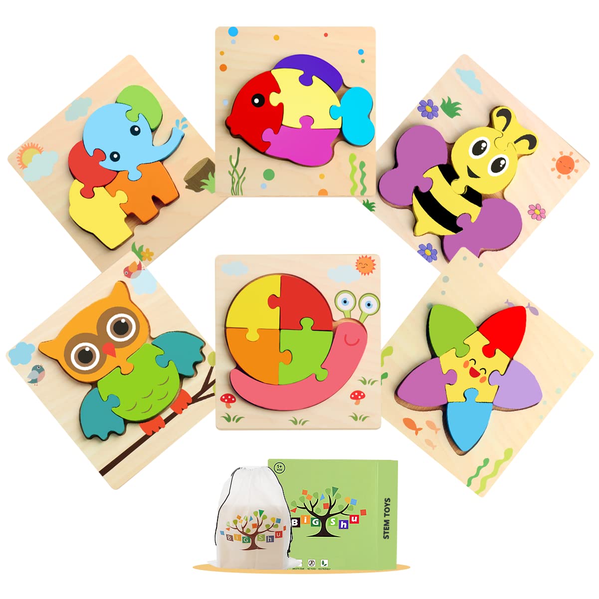 Wooden Puzzles for Toddlers 1-3 Learning Sensory Toys Gifts for 1 2 3 Year Old Girls Boys 6 Animal Shape Jigsaw Toddler Puzzles Ages 2-4 Baby Educational STEM Montessori Toys Preschool Building Games