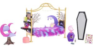 monster high playset, clawdeen wolf bedroom with doll house furniture & toy accessories like spooky decor & snacks, sticker sheet