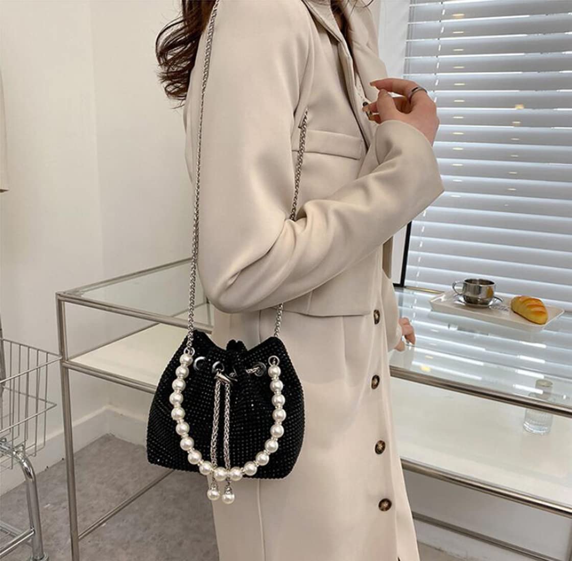 Mini Crossbody Shoulder Evening Bag Shinny Bling Clutch Purse Bucket Pearl Strap Handbag for Women (White)