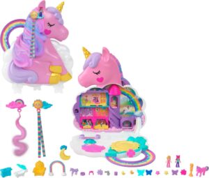 polly pocket 2-in-1 travel toy, rainbow unicorn salon styling head with 2 micro dolls & 20+ accessories