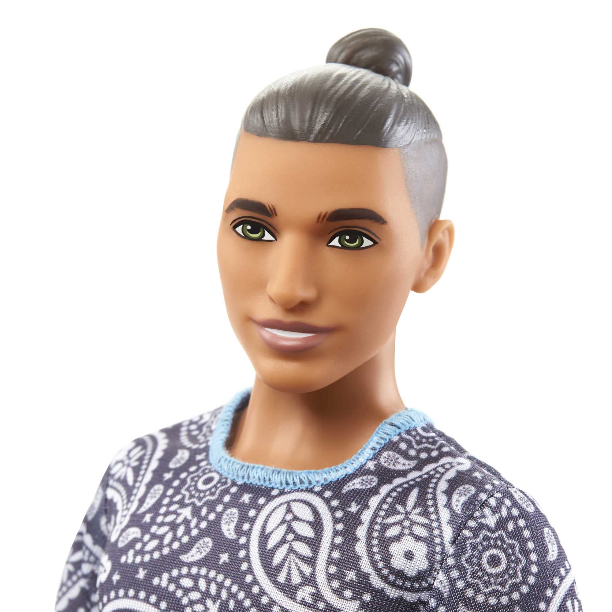 Barbie Fashionistas Ken Fashion Doll #204 with Brown Hair in Man Bun Wearing Paisley Tee & Shorts with Yellow Sneakers