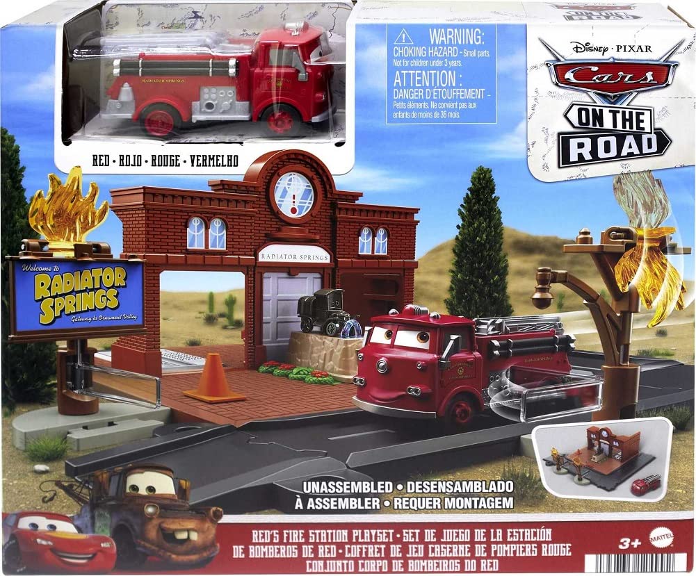 Mattel Disney and Pixar Cars On The Road Toys, Red’s Fire Station Playset with Die-cast Fire Truck & Kid-Activated Action