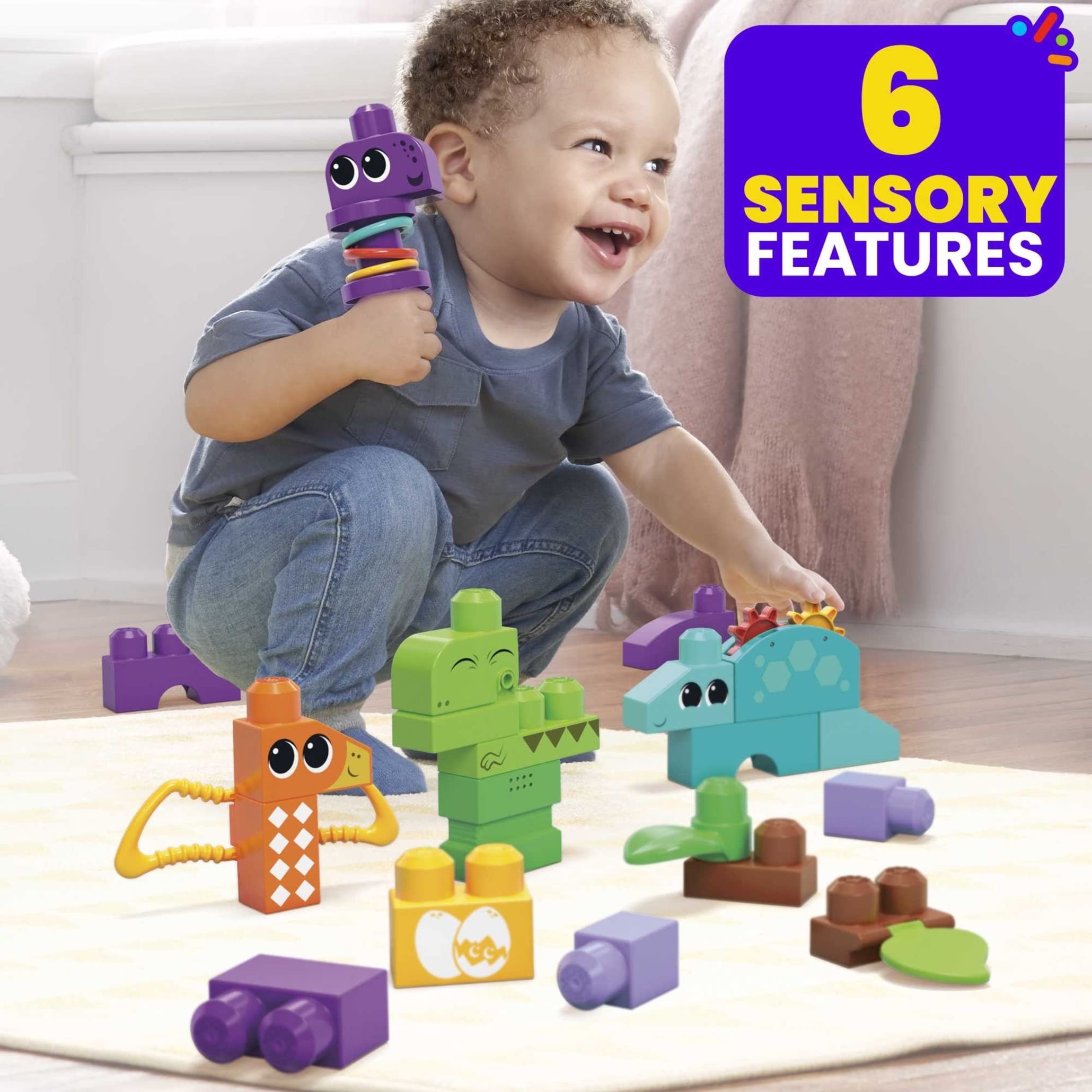 Mega BLOKS Fisher-Price Toddler Building Blocks Toy Set, Squeak ‘n Chomps Dinos with 24 Pieces, 4 Buildable Animals, Ages 1+ Years