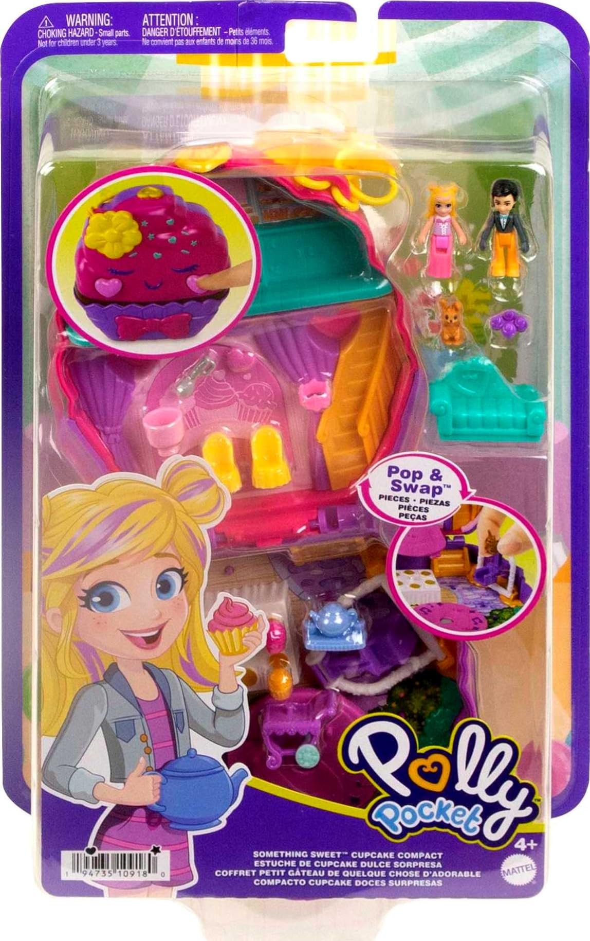 Polly Pocket Compact Playset, Something Sweet Cupcake with 2 Micro Dolls & Accessories, Travel Toys with Surprises