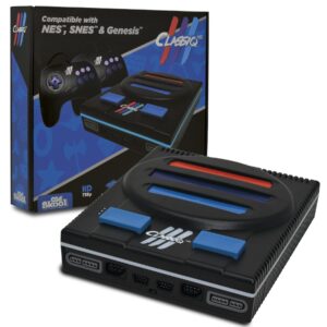 old skool classiq 3 hd 720p 3 in 1 video game system, black compatible with snes/nes nintendo and super nintendo and sega genesis cartridges