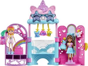 polly pocket dolls & playset, unicorn toy with 2 dolls & 19 fashion accessories, glam it up style studio