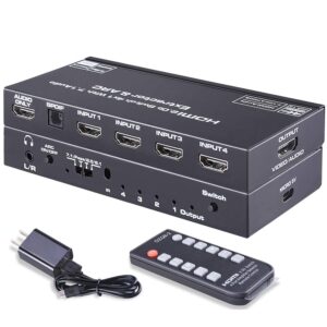 tendak 4 port hdmi 2.0 switch, 4x1 hdmi switcher selector with 7.1 audio extractor optical spdif + l/r 3.5mm audio out include ir remote support arc 4k@60hz hdcp 2.2 3d for ps4/ roku