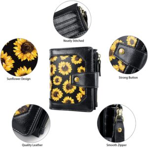 Simikol Small Wallet for Women Leather Bifold RFID Blocking Zipper Pocket ID Window Womens Card Holder Case,Sunflower