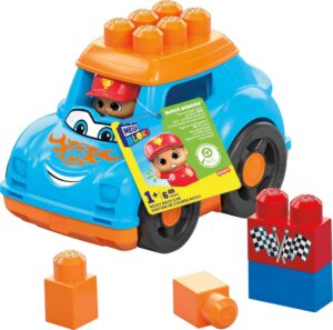 mega bloks first builders toddler building blocks toy set, ricky race car with 6 pieces and storage, 1 figure, blue, ages 1+ years