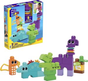 mega bloks fisher-price toddler building blocks toy set, squeak ‘n chomps dinos with 24 pieces, 4 buildable animals, ages 1+ years