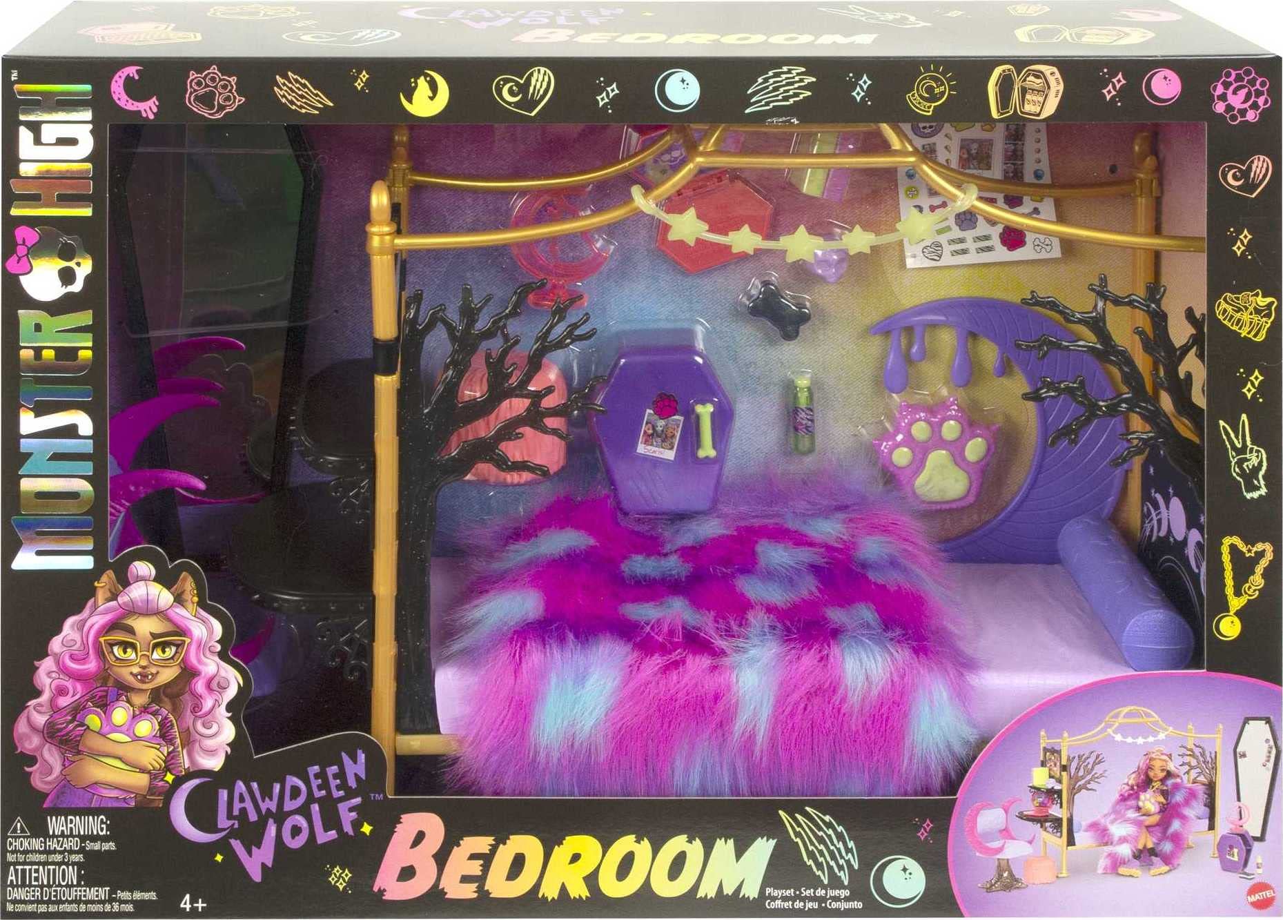 Monster High Playset, Clawdeen Wolf Bedroom with Doll House Furniture & Toy Accessories Like Spooky Decor & Snacks, Sticker Sheet