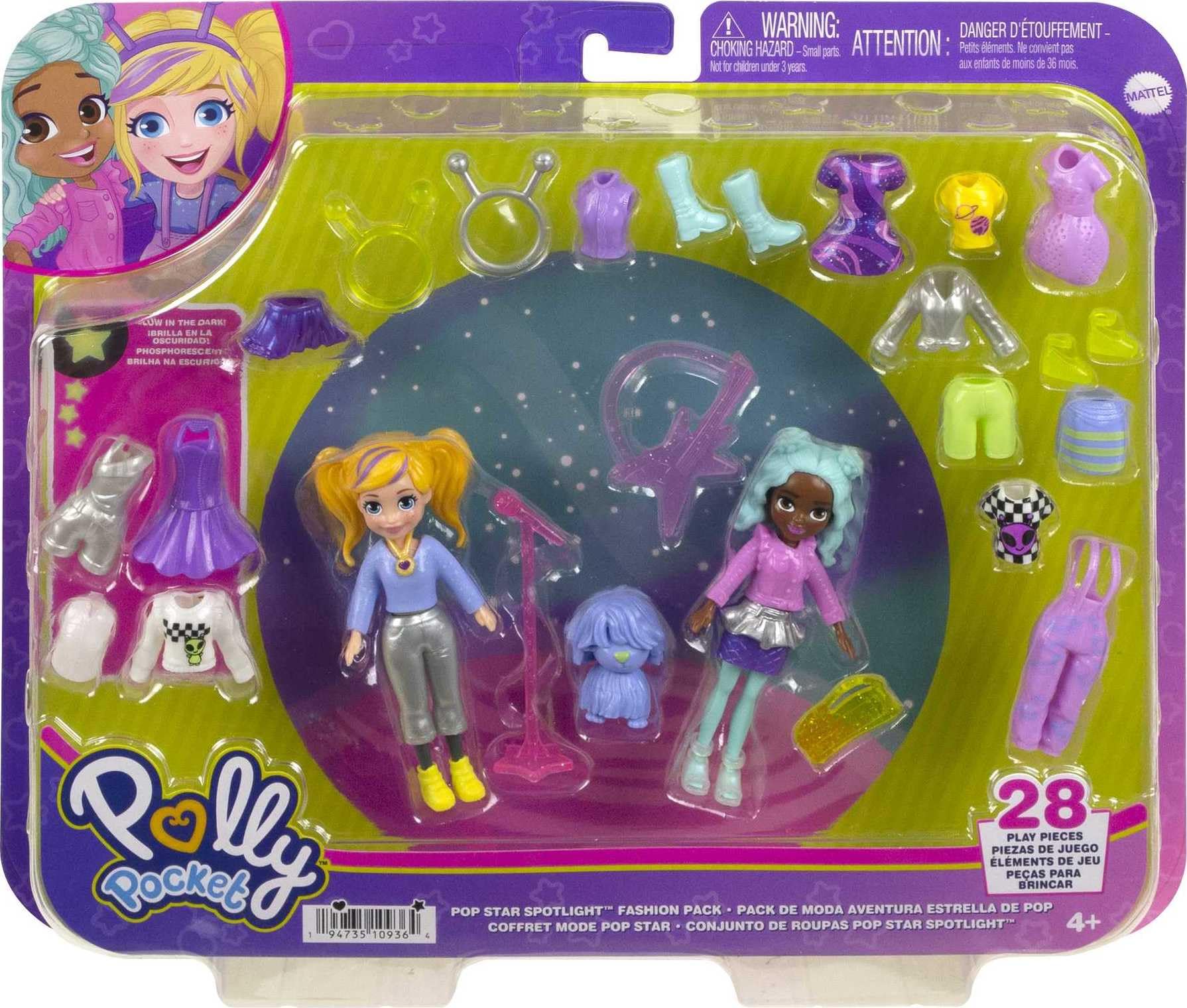 Polly Pocket Travel Toy with Two (3-inch) Dolls & 25 Accessories, Outer Space Fashion Pack with 2 Glow-in-The-Dark Pieces