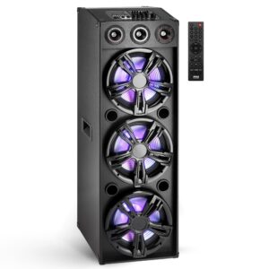 3x12” portable bluetooth pa karaoke speaker system, 2200 watt karaoke speaker with led lights, usb micro sd fm bt aux remote control mic inputs, with wheels and handle bar