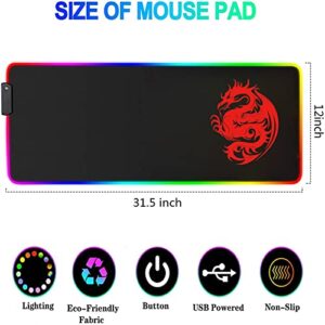 RGB Mouse Pad,Gaming Mouse Pad - 15 Light Modes Extended Computer Keyboard Mousepad,Dragon Mouse Pad,High-Performance LED Mouse Pad Optimized for Gamer 800×300mm/31.5 X 12in (Red)