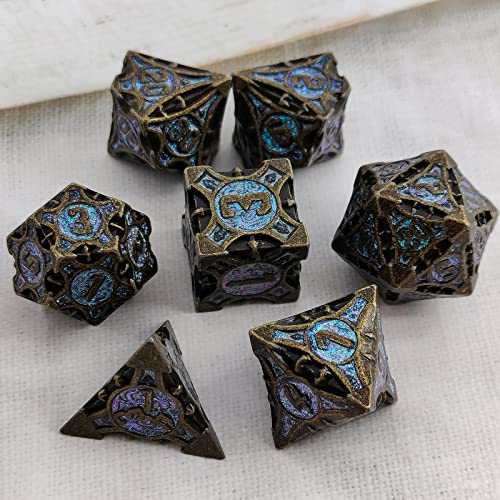 WZLHJRAR DND Dice Set - Metal D&DRPG Dice Set Dungeon and Dragon Polyhedron Metal Dice MTG Table Game Dice Accessories D4 D6 D8 D10 D10% D12 D20 Dice Set Black Leather Storage Bag - Rolling Blue Dice