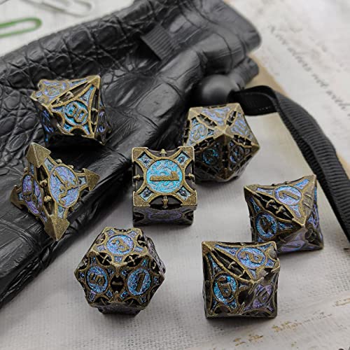 WZLHJRAR DND Dice Set - Metal D&DRPG Dice Set Dungeon and Dragon Polyhedron Metal Dice MTG Table Game Dice Accessories D4 D6 D8 D10 D10% D12 D20 Dice Set Black Leather Storage Bag - Rolling Blue Dice