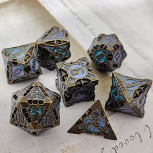 WZLHJRAR DND Dice Set - Metal D&DRPG Dice Set Dungeon and Dragon Polyhedron Metal Dice MTG Table Game Dice Accessories D4 D6 D8 D10 D10% D12 D20 Dice Set Black Leather Storage Bag - Rolling Blue Dice