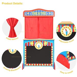 CHIUHEI Deluxe Wooden Puppet Theater with Curtains, Blackboard and Clock, Double-Sided Play Store 3-8Y & Kid Puppet Show Theater with 2 Hand Puppets and 4 Finger Puppets for Toddlers 1-3