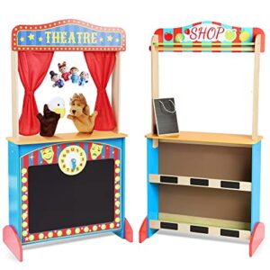 chiuhei deluxe wooden puppet theater with curtains, blackboard and clock, double-sided play store 3-8y & kid puppet show theater with 2 hand puppets and 4 finger puppets for toddlers 1-3