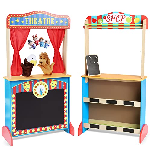 CHIUHEI Deluxe Wooden Puppet Theater with Curtains, Blackboard and Clock, Double-Sided Play Store 3-8Y & Kid Puppet Show Theater with 2 Hand Puppets and 4 Finger Puppets for Toddlers 1-3