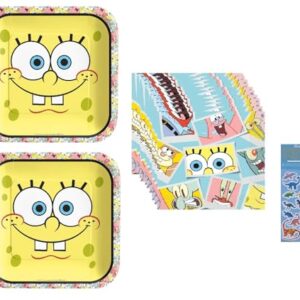 Spongebob Birthday Party Supplies Bundle Pack includes 16 Paper Plates 9", 16 Paper Napkins, 1 Dinosaur Sticker Sheet