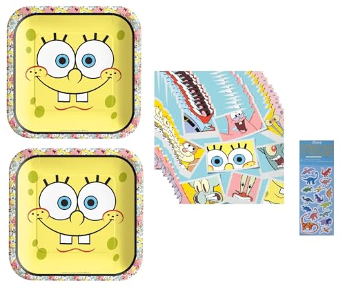 Spongebob Birthday Party Supplies Bundle Pack includes 16 Paper Plates 9", 16 Paper Napkins, 1 Dinosaur Sticker Sheet