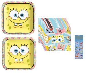 spongebob birthday party supplies bundle pack includes 16 paper plates 9", 16 paper napkins, 1 dinosaur sticker sheet