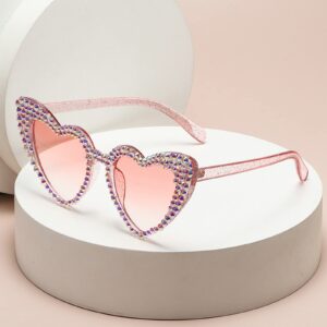 Cute Women Heart Sunglasses Fashion Shiny Bling Diamond Sunglasses Polygonal Pink Rhinestone Sunglasses UV Protection (pink)