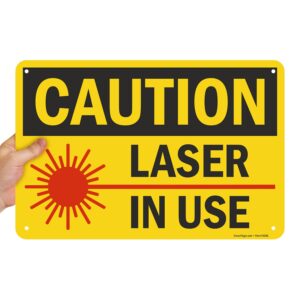 SmartSign 12 x 18 inch “Caution - Laser In Use” Sign with Pre-Cleared Holes, Digitally Printed, 55 mil HDPE Plastic, Black, Red and Yellow, Made in USA