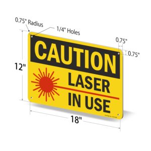 SmartSign 12 x 18 inch “Caution - Laser In Use” Sign with Pre-Cleared Holes, Digitally Printed, 55 mil HDPE Plastic, Black, Red and Yellow, Made in USA