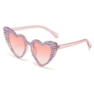 Cute Women Heart Sunglasses Fashion Shiny Bling Diamond Sunglasses Polygonal Pink Rhinestone Sunglasses UV Protection (pink)