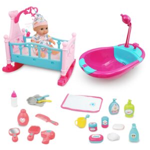 redcrab 12" baby doll toys newborn doll bath and bed play set - 2-in-1 shaker and bathtub with shower spray and 25pcs accessories for girls pretend play,toy gift set for 3+ year old kids