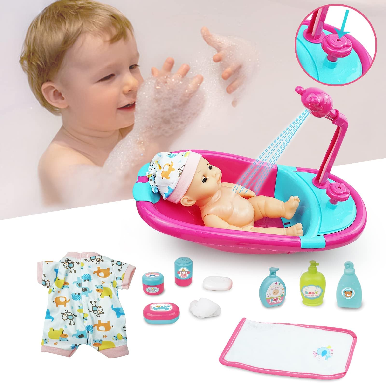 RedCrab 12" Baby Doll Toys Newborn Doll Bath and Bed Play Set - 2-in-1 Shaker and Bathtub with Shower Spray and 25pcs Accessories for Girls Pretend Play,Toy Gift Set for 3+ Year Old Kids