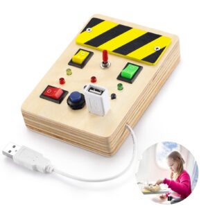 toyofun busy board with light switch & push buttons, wooden led busy boards with 6 modes light switch and upgraded usb pluggable wires for 1-3 years toddlers sensory toy