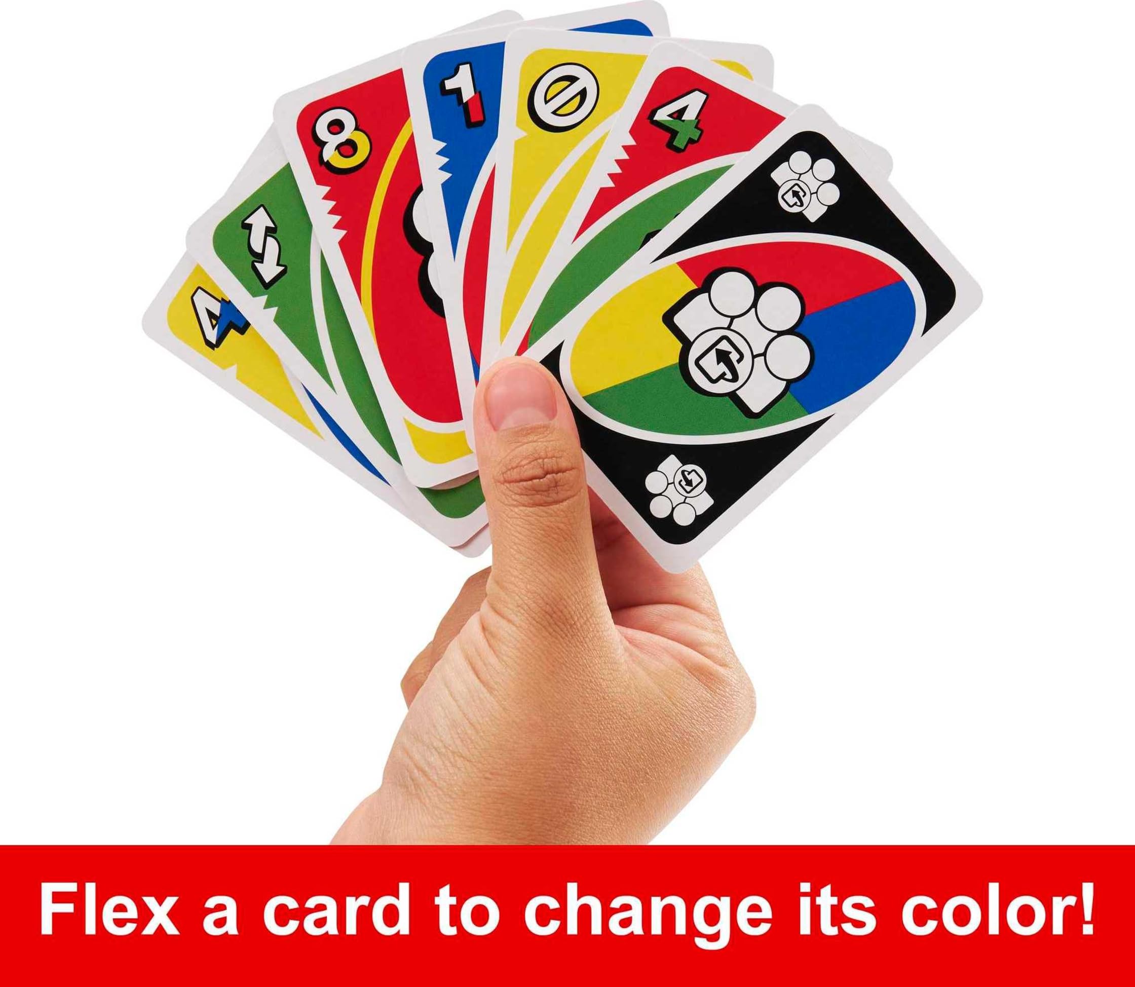 Mattel Games UNO Flex Card Game for Family Night Where Cards Change Color When Flexed in Collectible Tin Box