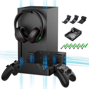 wall mount for xbox series x with 2 controller holders and 1 headphone stand, wall mount kit for xbox series x accessories, dual ventilation design wall shelf, place console front facing