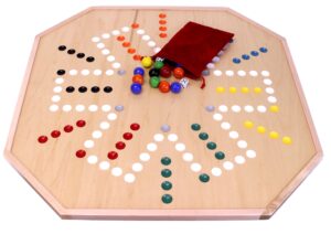 amishtoybox.com large wahoo marble game board set - 25" wide - maple wood - double-sided - with large 1" marbles and dice included