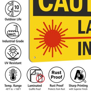 SmartSign 12 x 18 inch “Caution - Laser In Use” Sign with Pre-Cleared Holes, Digitally Printed, 55 mil HDPE Plastic, Black, Red and Yellow, Made in USA