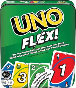 mattel games uno flex card game for family night where cards change color when flexed in collectible tin box