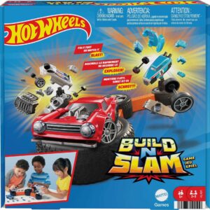 mattel games hot wheels build ‘n slam kids game with buildable classic cars, fix it fast or watch it blast for 1-3 players