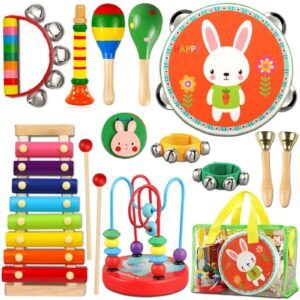 looikoos toddler musical instruments toys, wooden percussion instruments set for kids baby with xylophone, preschool educational musical toys for boys and girls with storage bag(12pcs)