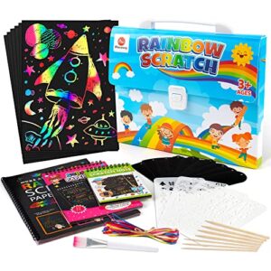 mocoosy 140pcs rainbow scratch paper set, magic scratch art deluxe combo with case, include black scratch off sheets, scratch notebook, scratch bookmarks for kids art craft kit birthday gifts