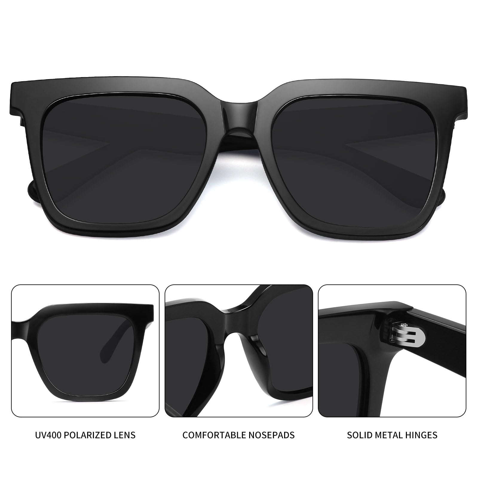 Fozono Large Square Sunglasses Trendy Polarized Sunglasses for Women Men Classic Retro Style UV400 Protection Black